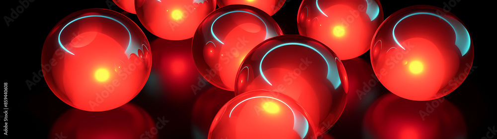 Shimmering with an inner radiance, the red glass spheres float against ...