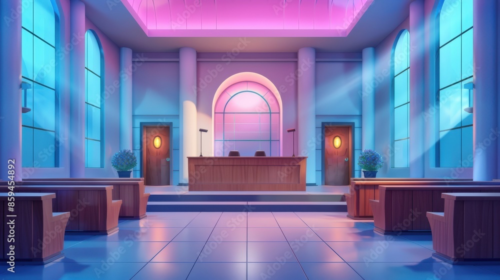 Interior of a modern courtroom with neon lighting, featuring large ...
