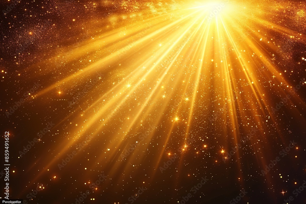 Vector golden sun light effect. Glowing sunrays on black background ...