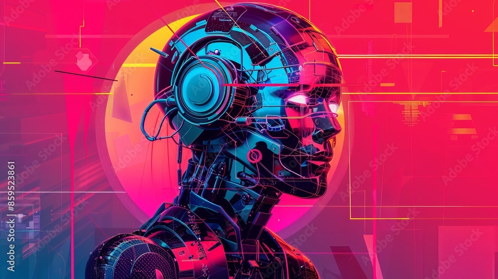 Trendy art paper collage design of a futuristic robot, depicted in ...