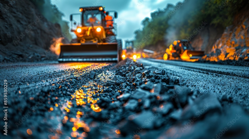 Multiple bulldozers are working together on a road construction site ...