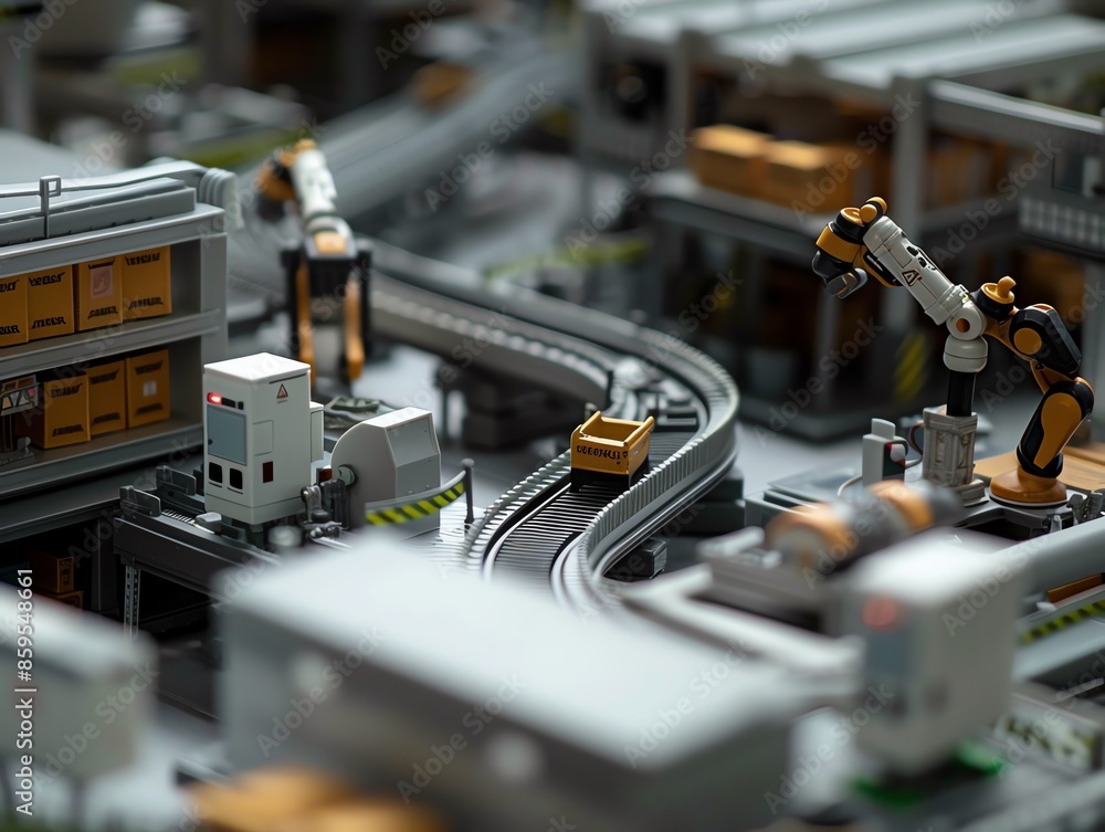 164 scale miniature factory floor with conveyor belts, robotic arms ...