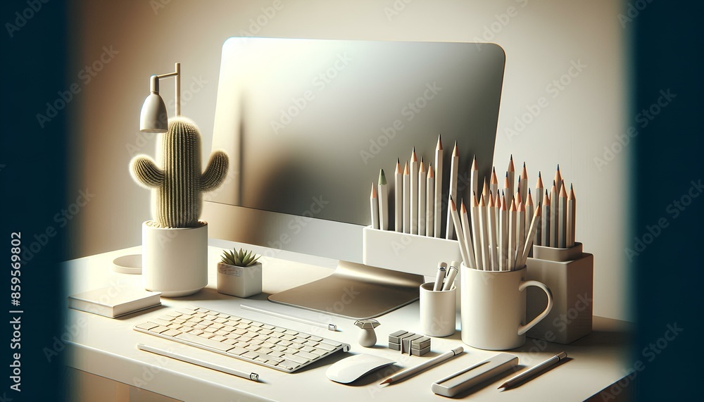 A desk with a computer, keyboard, mouse, cactus plants, a coffee cup, and a pencil holder. The ...