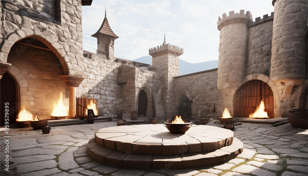 3D-rendered medieval castle courtyard with a stone podium. Historical ...