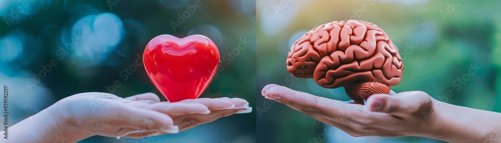 Two hands are shown, one holding a red heart and the other a brain ...