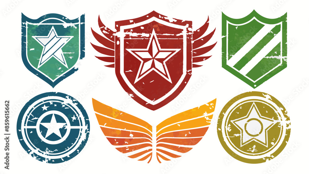 vintage military emblems, distressed texture, shield motif, patriotic ...