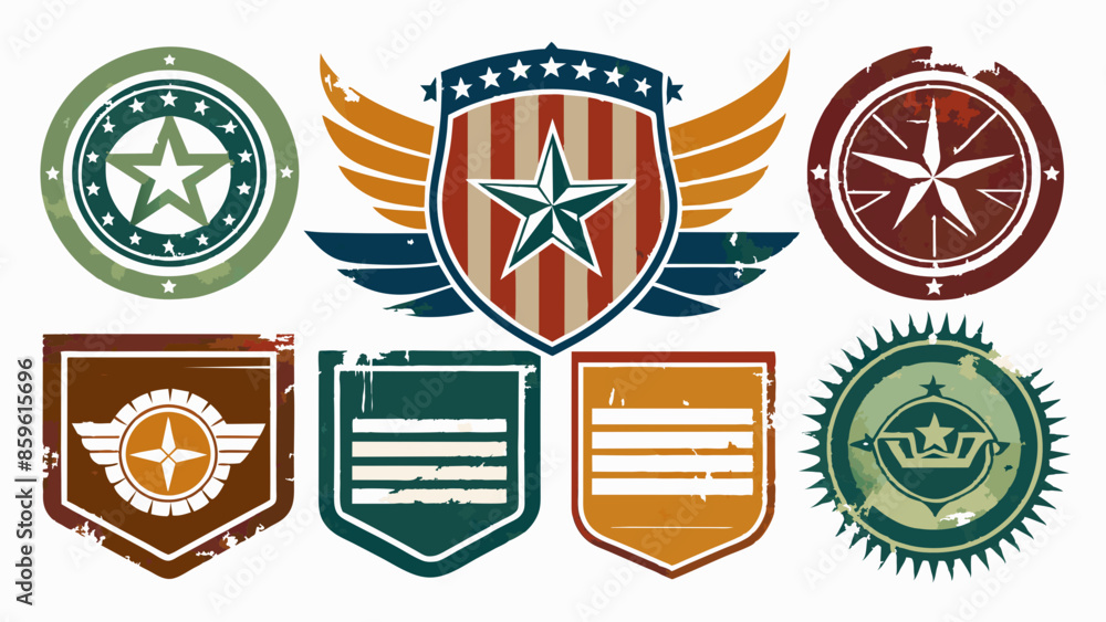 vintage military emblems, retro insignias, winged star badge ...