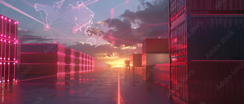 Rows of cargo containers with a digital overlay of connected nodes and ...