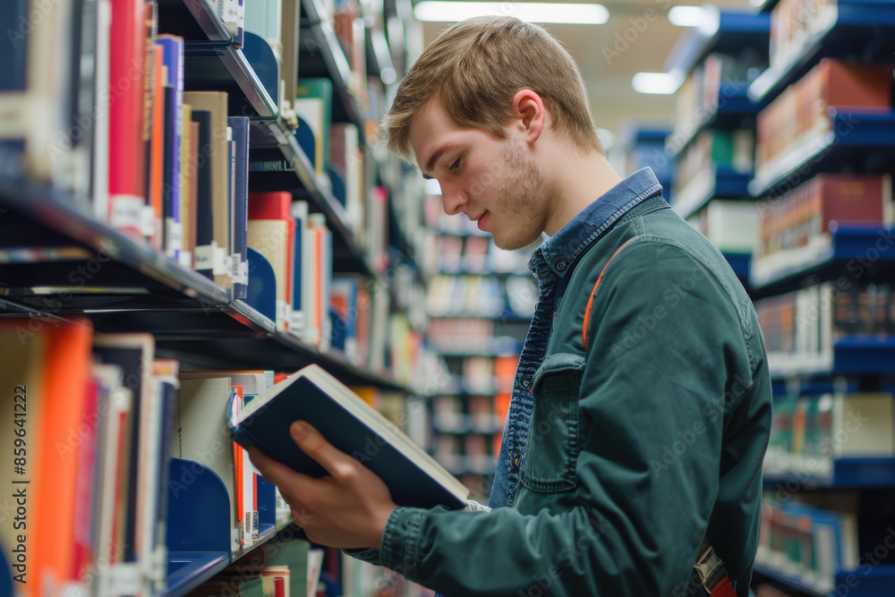 Young man reading book in library aisle, surrounded by bookshelves and ...