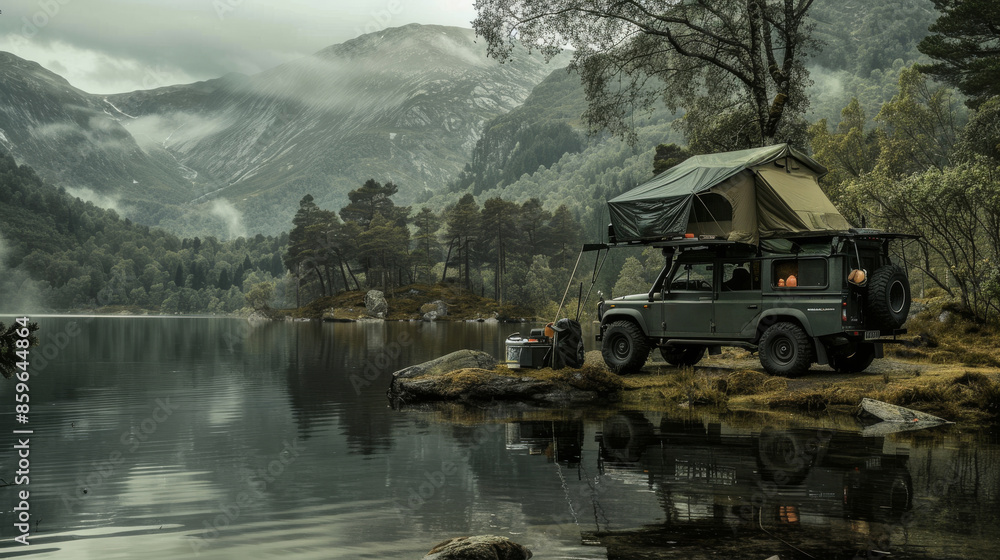 Overlanding Setup in Scenic Natural Environment. An overlanding vehicle ...