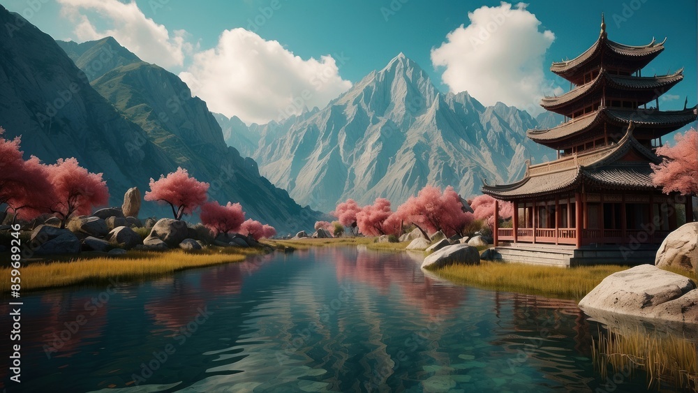 Beautiful illustration of old Japanese towers in the mountains Stock ...