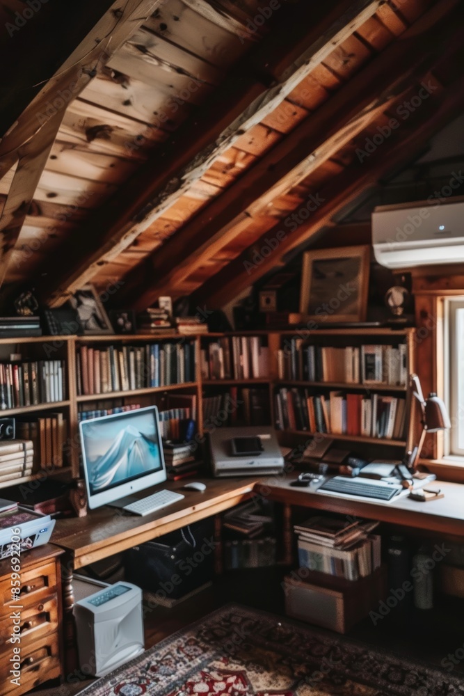 Cozy Attic Workspace with Air Conditioner, Computer, Bookshelves, and ...