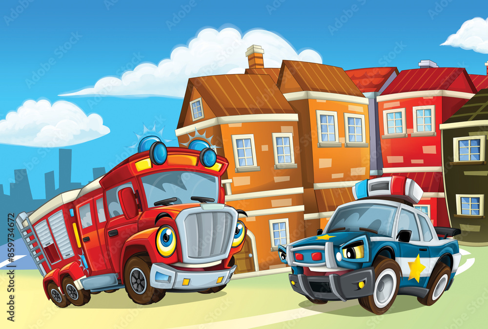 cartoon scene with public service vehicles police fire truck bus and ...