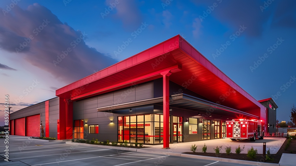fire station designed with bright red fiber cement siding, featuring ...