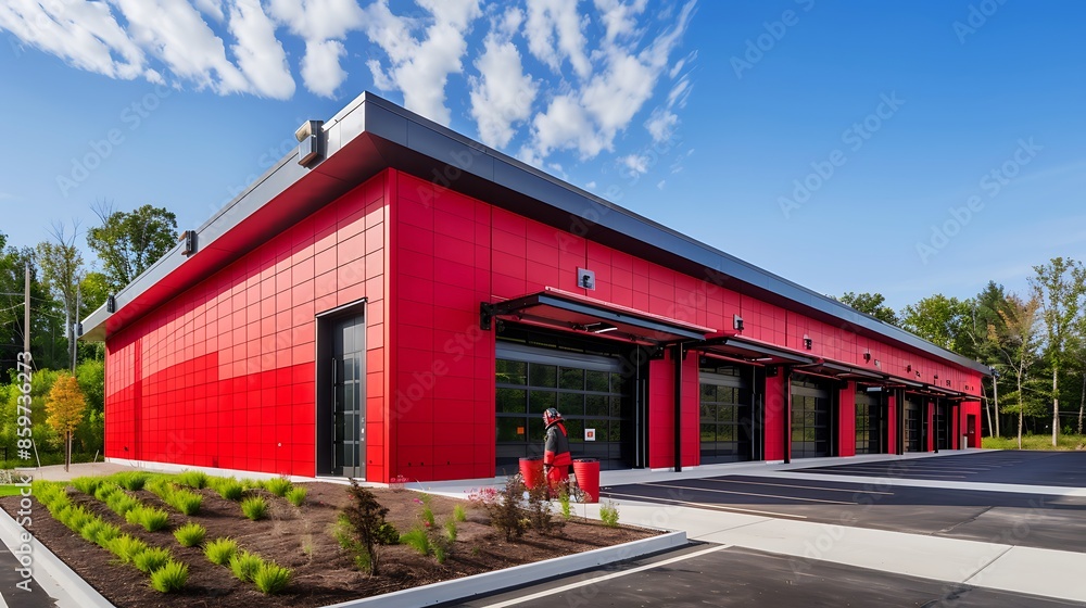 fire station designed with bright red fiber cement siding, featuring ...