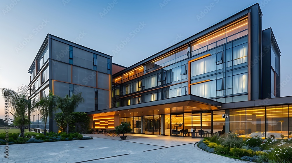 luxury hotel facade featuring a blend of glass and fiber cement panels ...