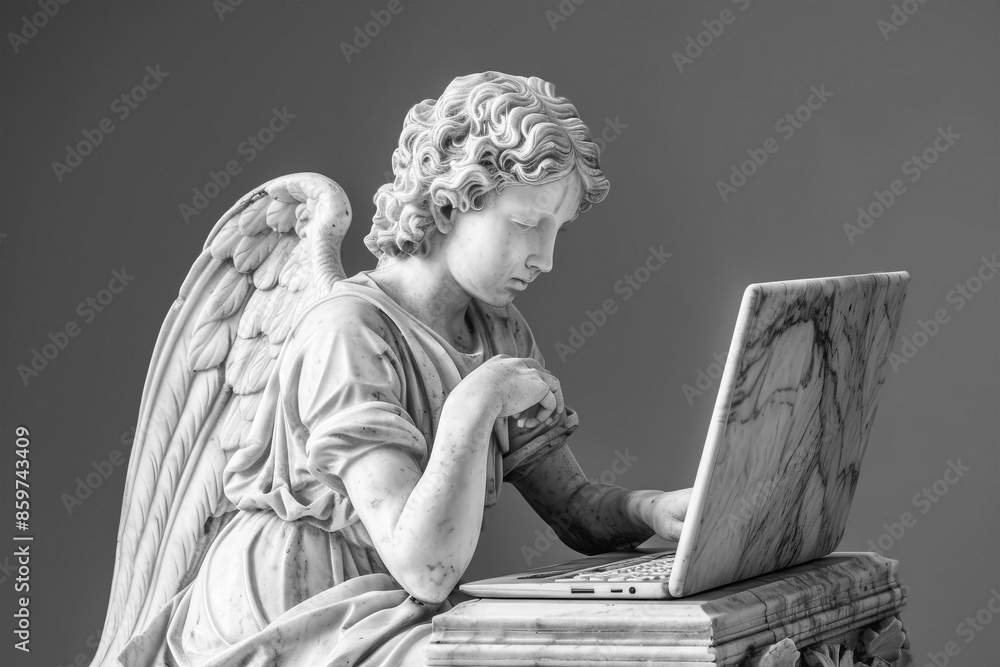 Classic angel statue using modern laptop blending tradition and ...