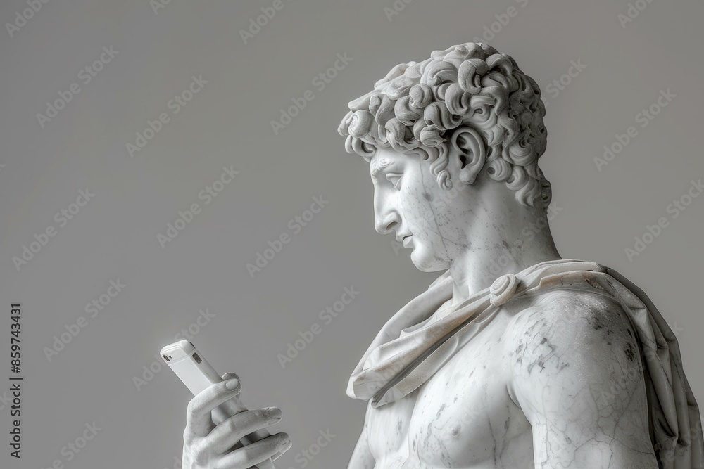 Classical Apollo statue holding modern smartphone blending ancient art ...