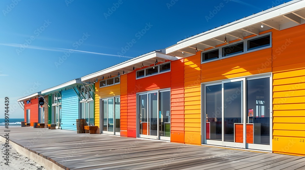 series of beachfront shops featuring bright, sun-reflective fiber ...