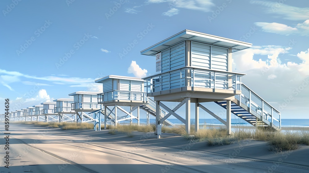series of beach lifeguard towers, each constructed from durable fiber ...