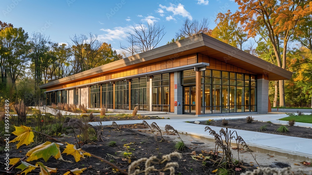 sustainable community center with walls clad in recycled fiber cement ...
