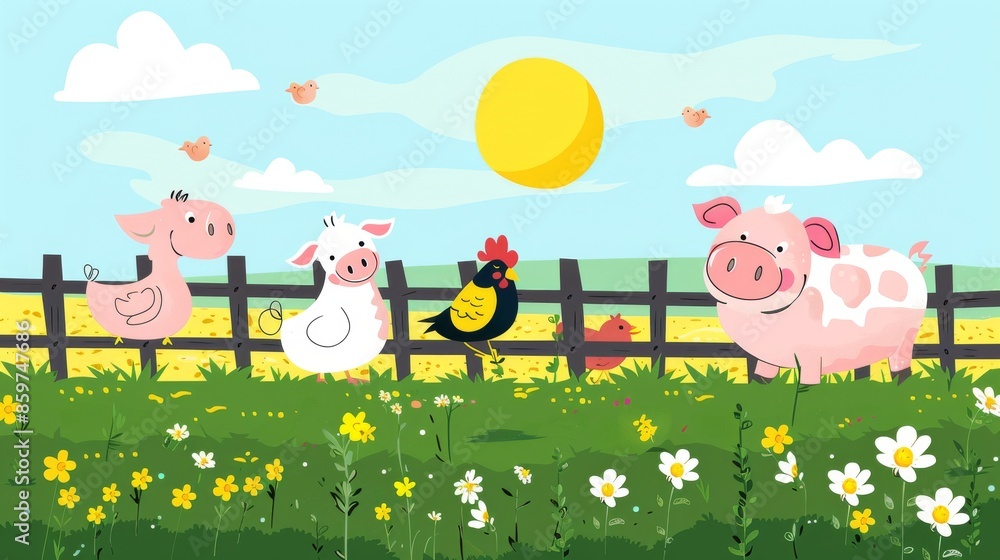 Farm animals in a flat cartoon illustration with landscape - cattle ...