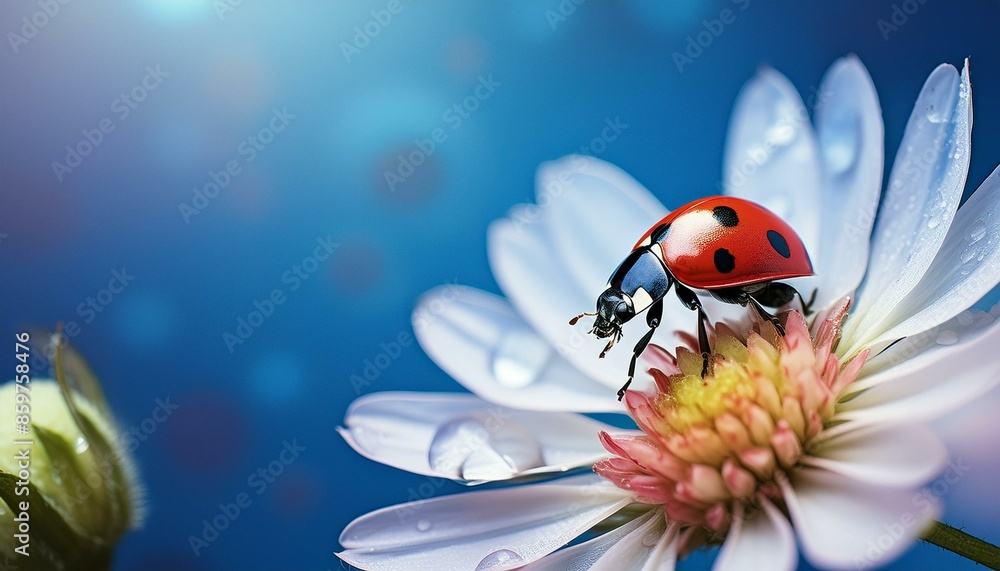 ladybug on a flower with blue background, image shot from the profile ...