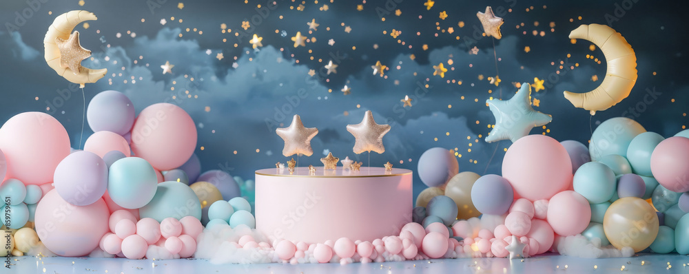 A dreamy podium balloon setup with a podium covered in soft, pastel ...
