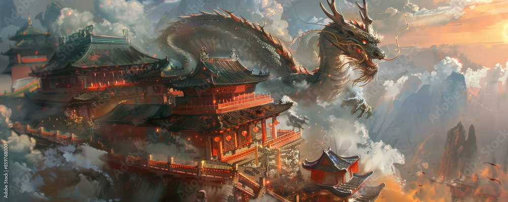 Dragon and Temple Roofs: A dragon soaring above traditional Chinese ...