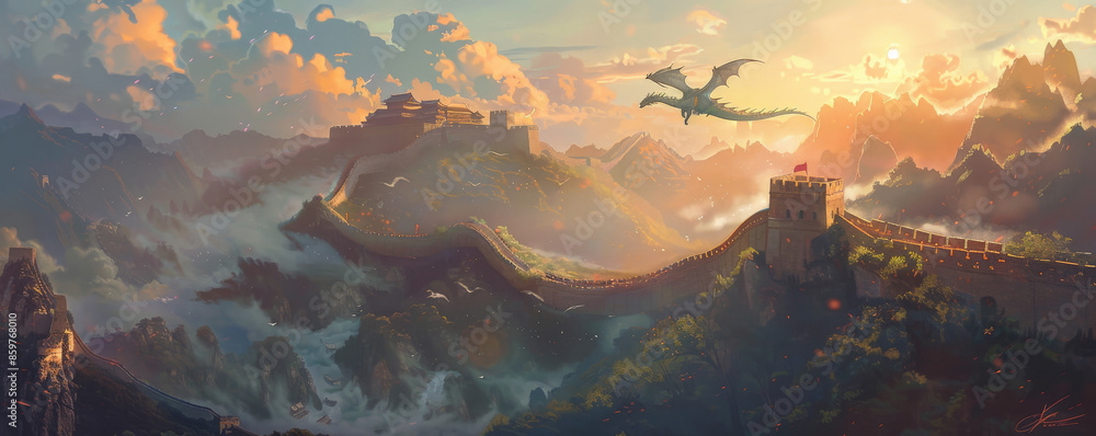 Dragon and the Great Wall: A dragon soaring above the Great Wall of ...