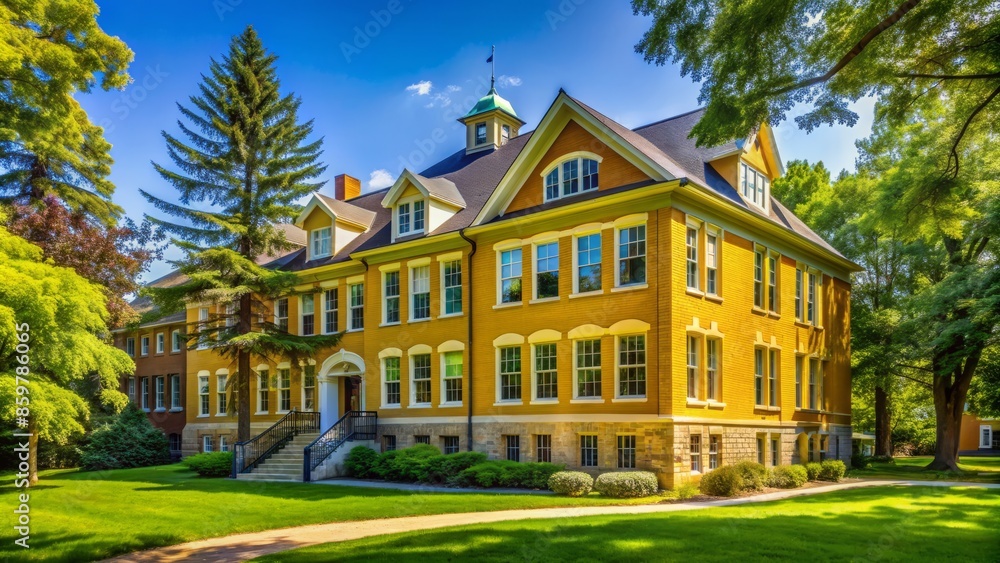 Yellow-brick exterior of a classic public school building surrounded by ...