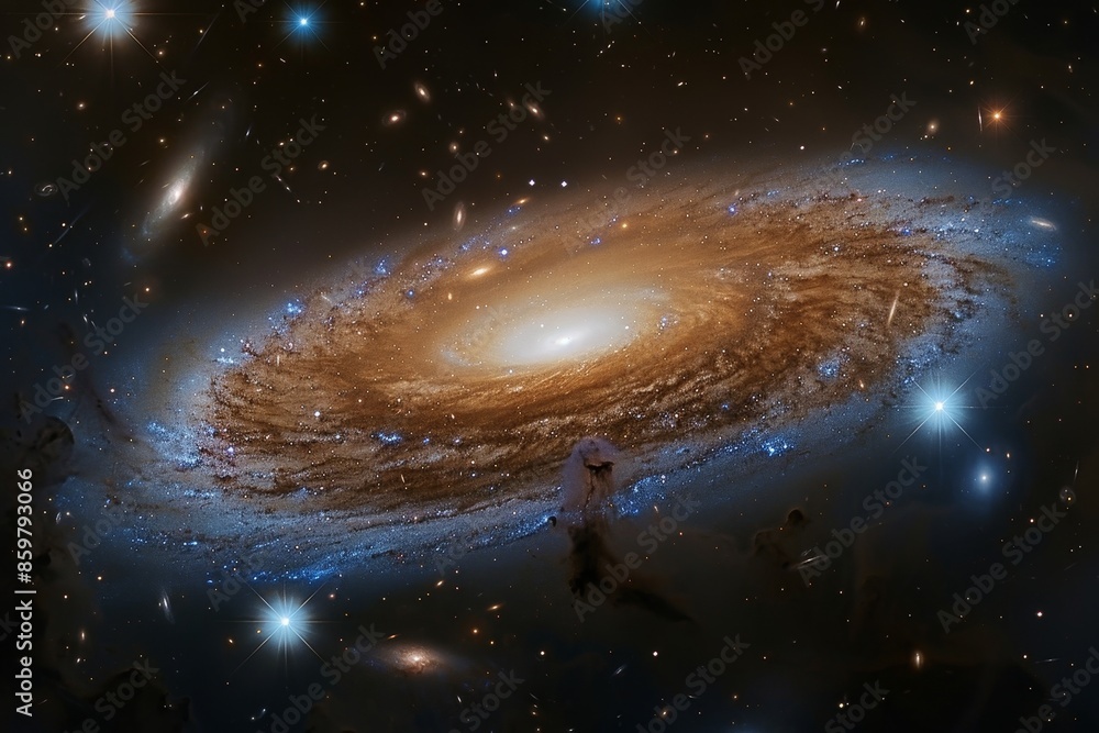Spiral galaxy forming, bright central core, swirling arms of stars and dust, dark space ...