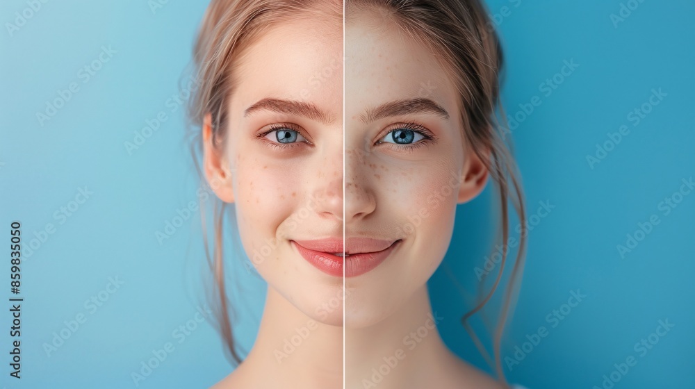 Before and after retouching. Portrait of beautiful young woman looking ...