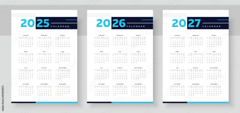 2025, 2026, 2027 years calendar. The week starts on Sunday. Simple ...