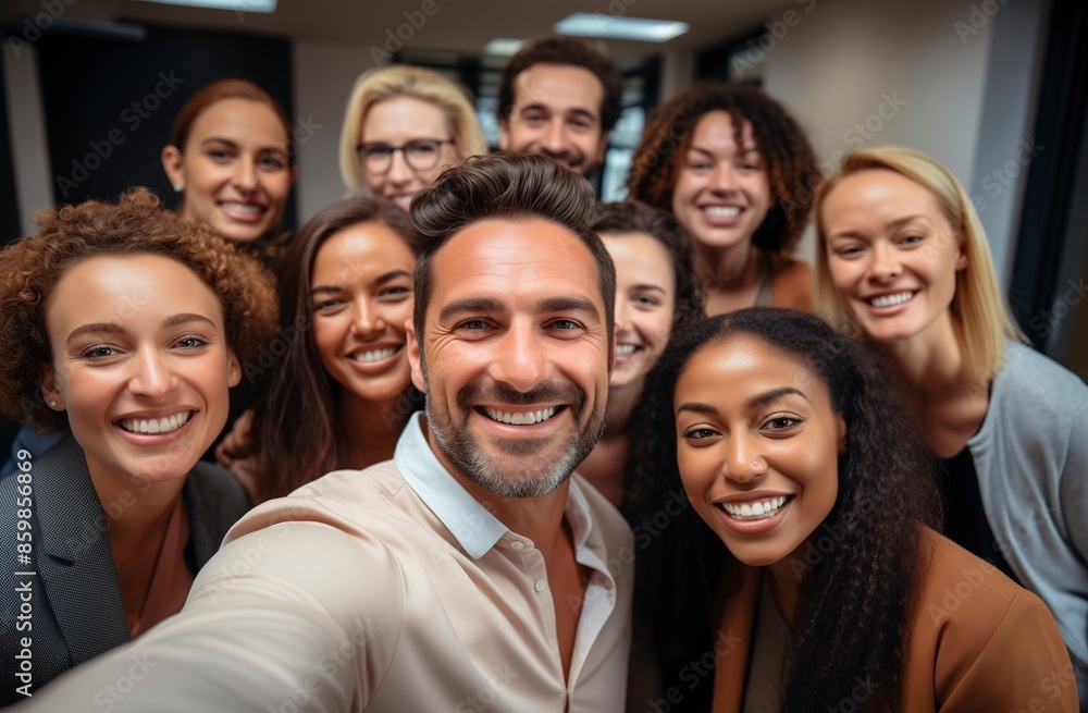 Smiling and diverse office team taking a selfie, showcasing unity among ...