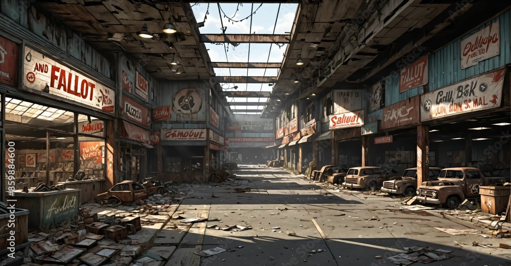 abandoned city town strip mall buildings in empty lot. dystopian post ...