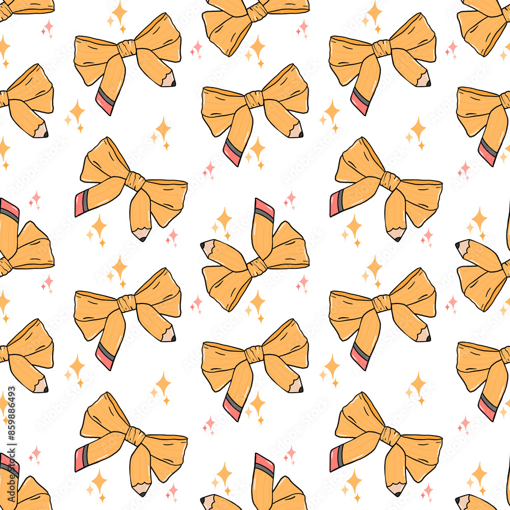 Teacher Pencil Coquette Bow Seamless Pattern, Retro Back To School ...