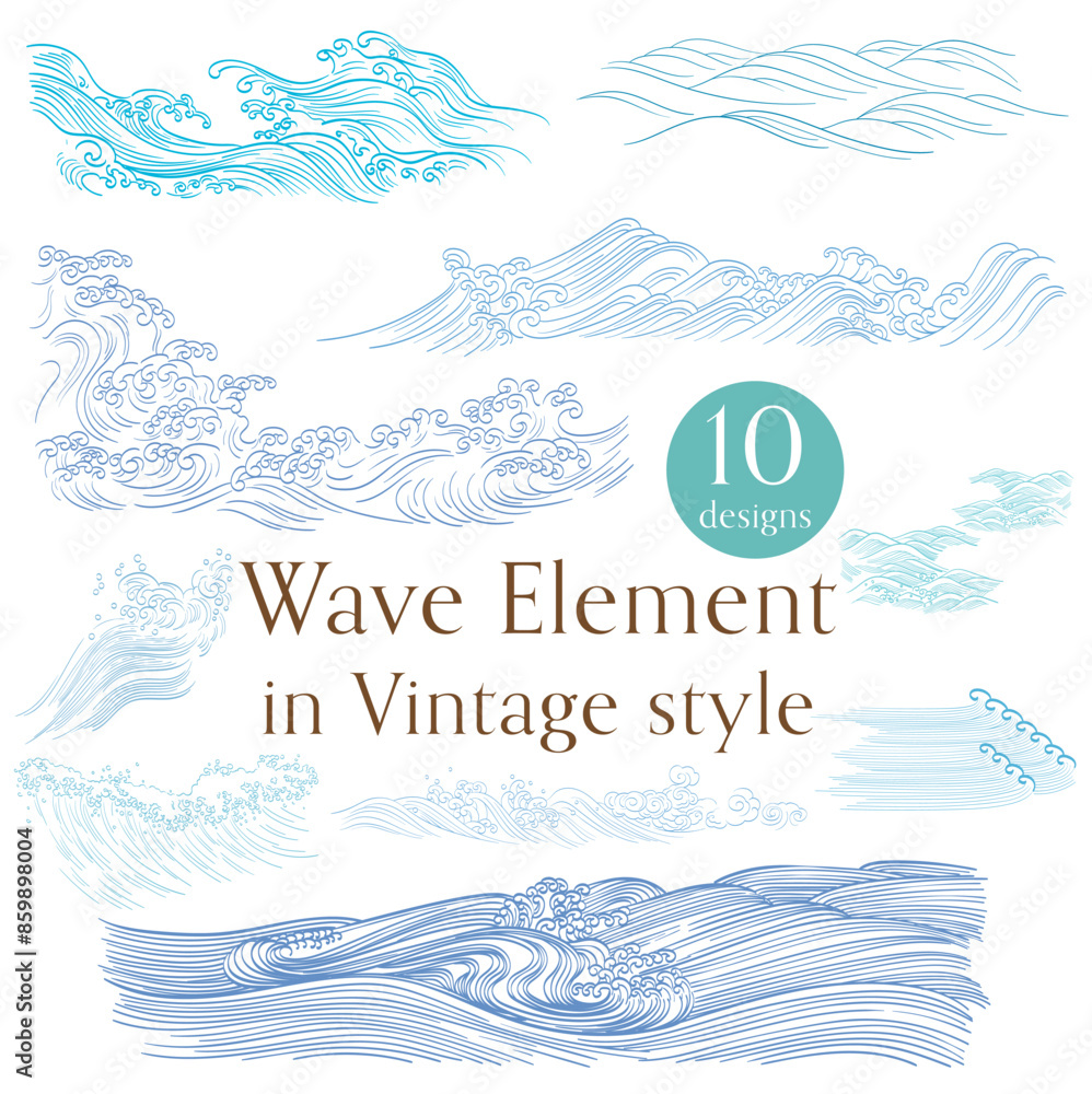 Set of blue hand drawn wave elements vector. Natural art background ...