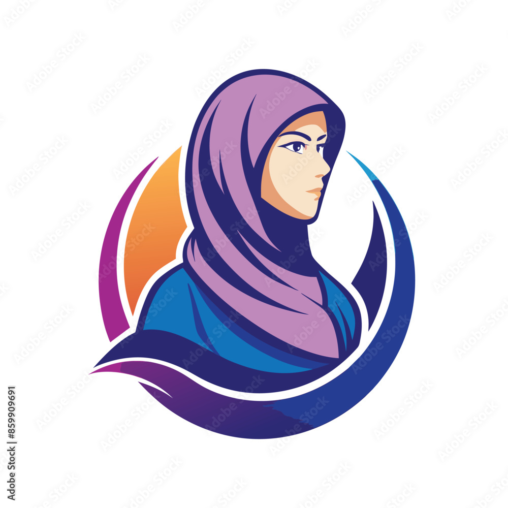 Illustration shows woman in pink hijab facing right in cartoon style ...