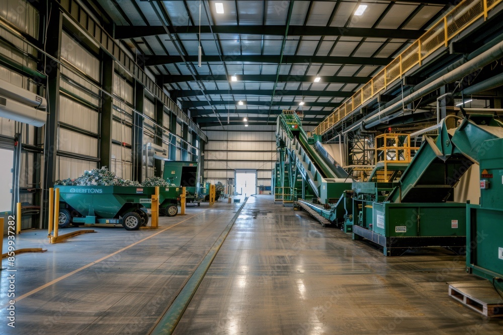 Interior of a recycling facility showing conveyor belts and containers ...