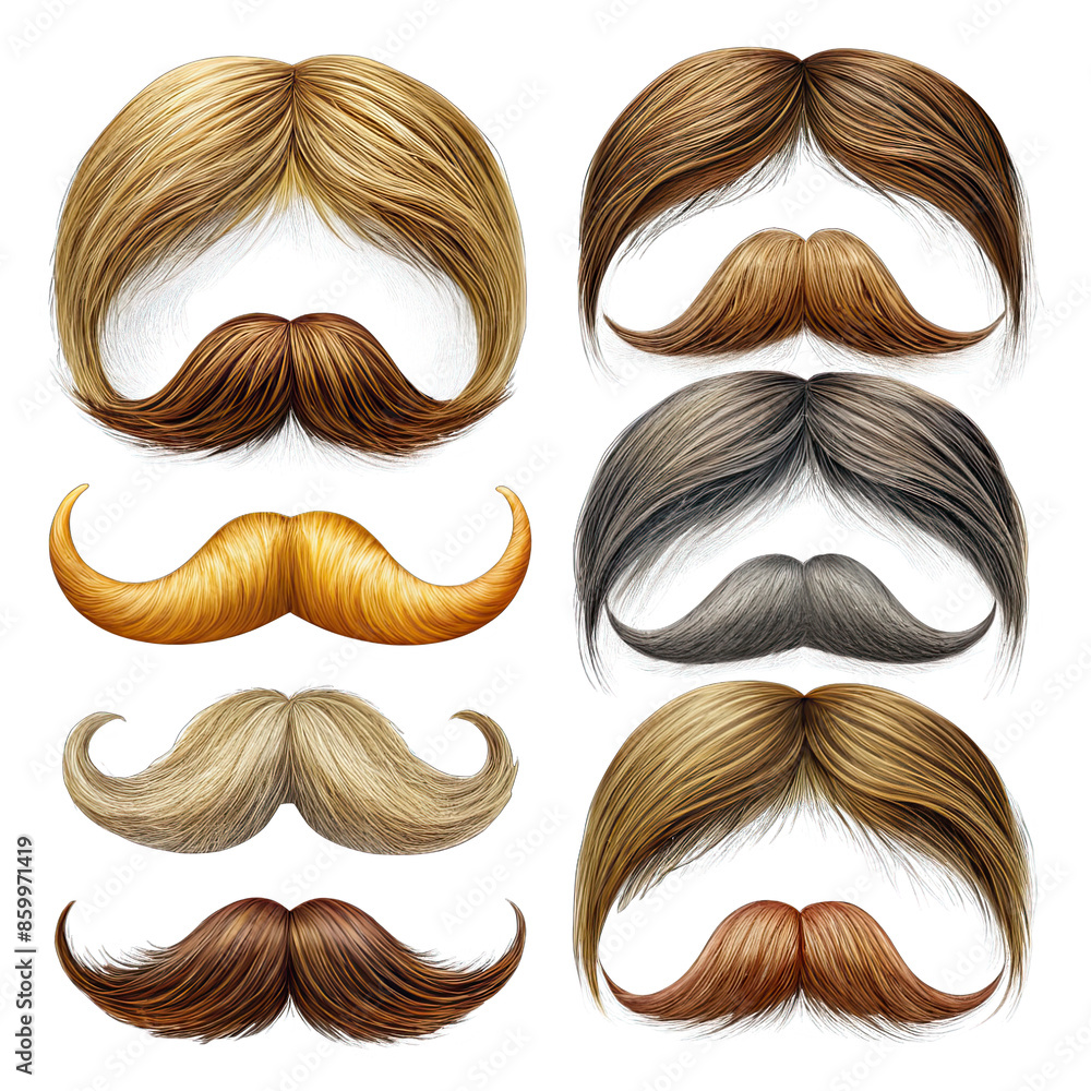 Eight detailed male mustaches of varying style, shape, and color on a ...