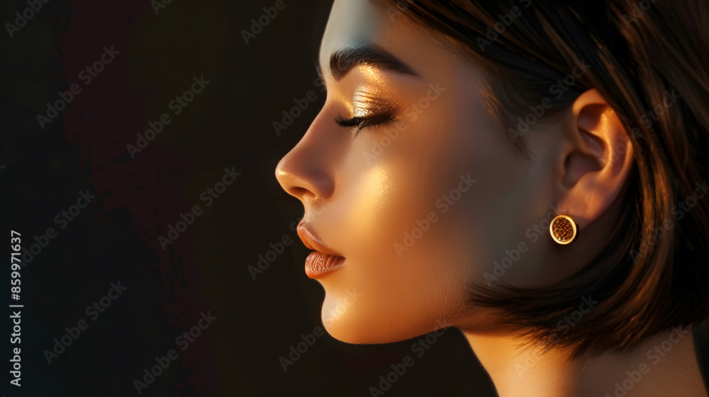 Beautiful Woman Profile Portrait with Golden Earring Bob Hair Style ...