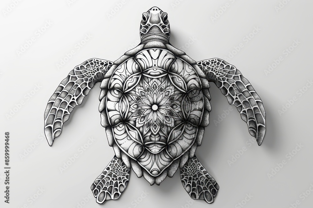 Elegant line drawing of a turtle with a mandala design, white ...