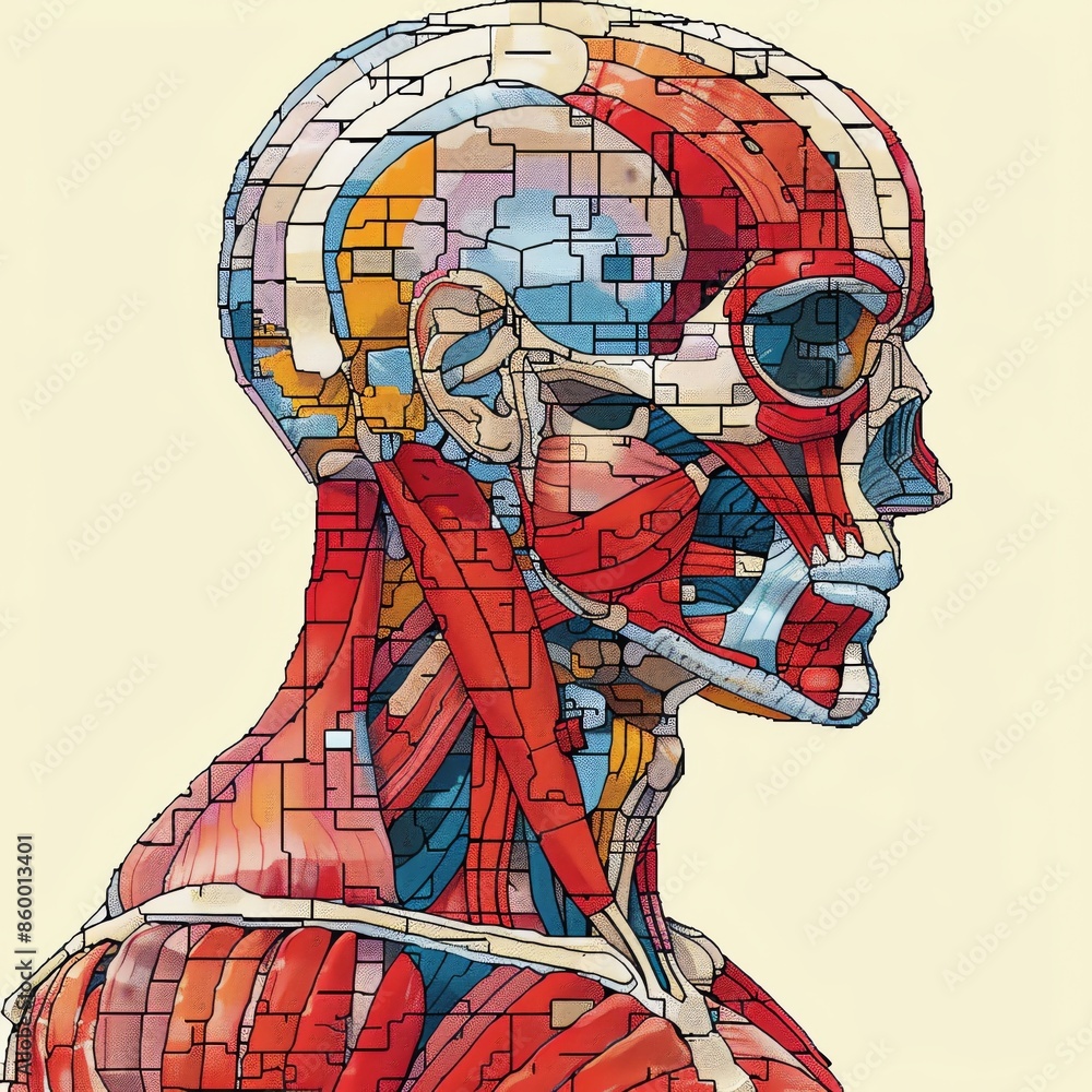 side view Muscular System in a unique pixel art style Use vibrant ...