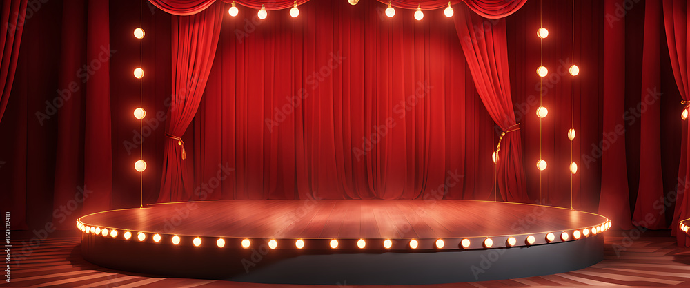 Circus stage podium background 3D carnival light red show curtain ...