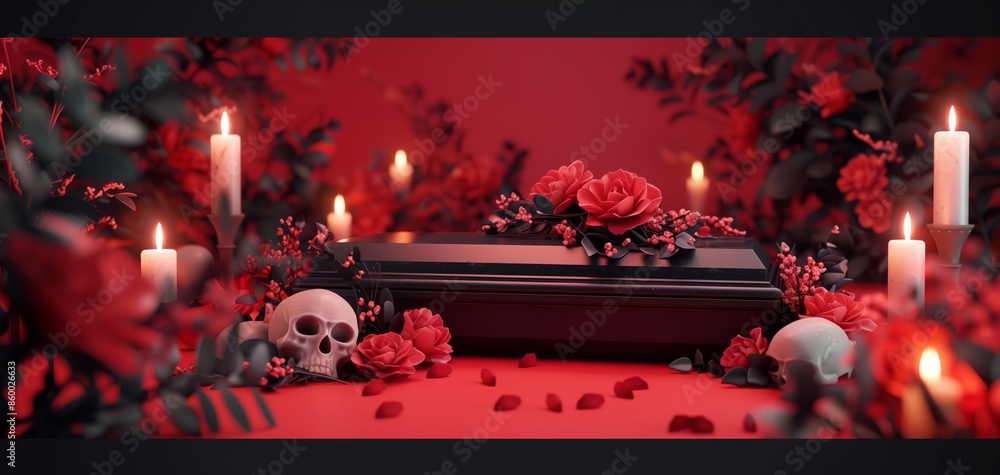 Dark and moody scene with a coffin, roses, candles, and skulls creating ...