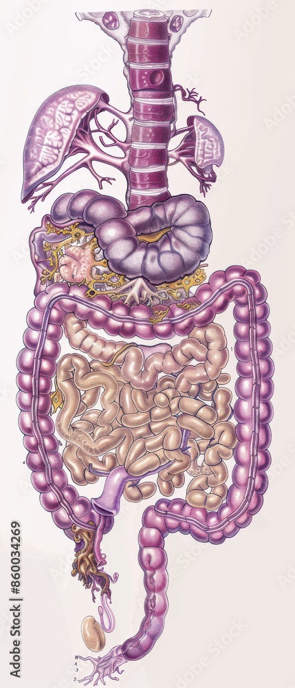 Detailed anatomical illustration of the human digestive system, showing ...