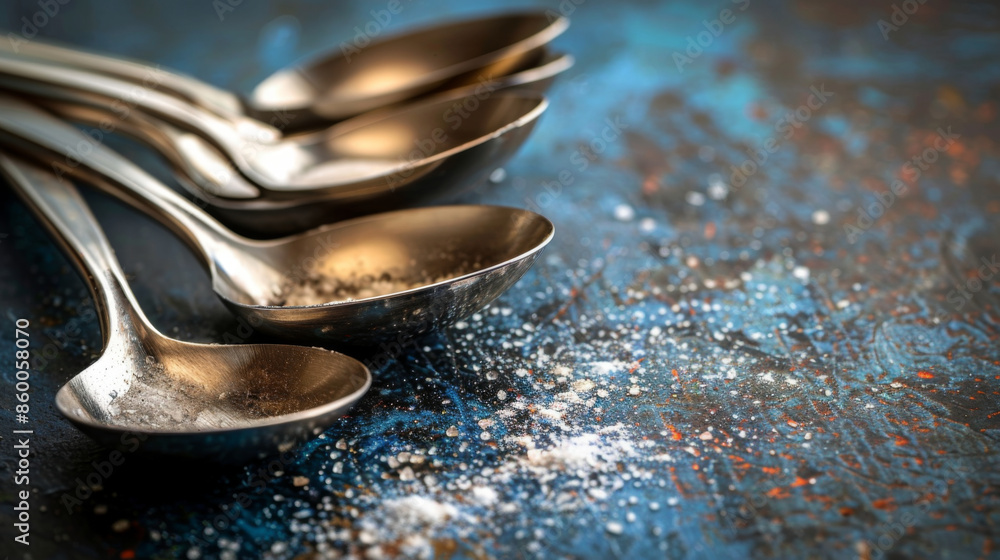 A collection of antique silver spoons arranged on a rustic, textured ...