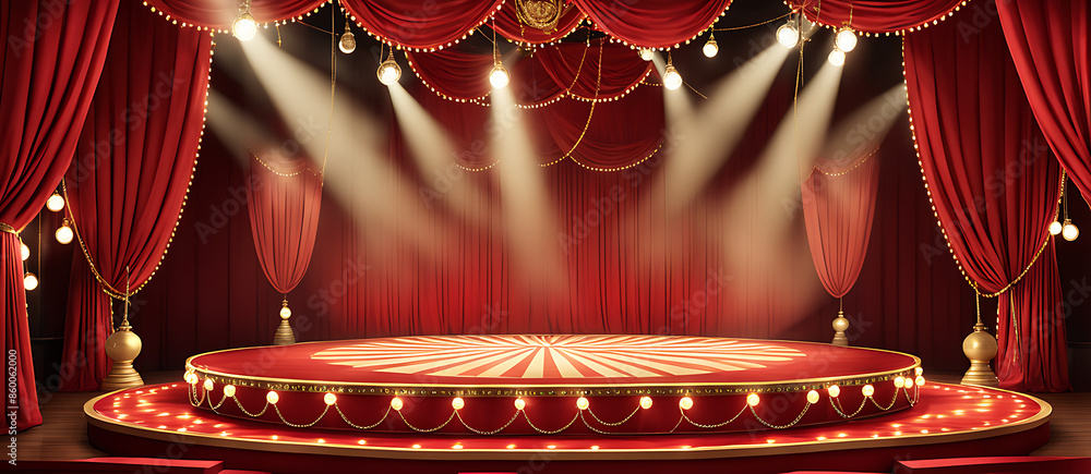 Circus stage podium background 3D carnival light red show curtain ...