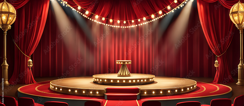 Circus stage podium background 3D carnival light red show curtain ...
